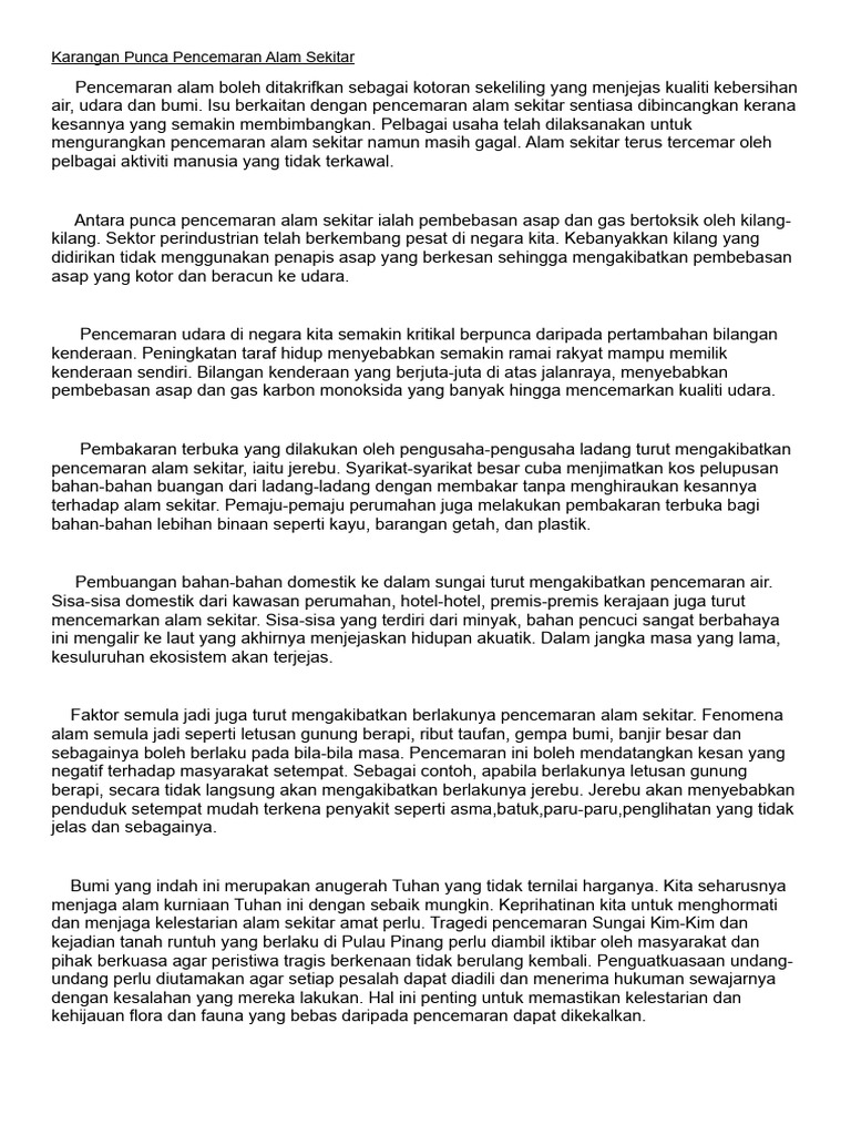 Punca Pencemaran Alam Sekitar Karangan | PDF