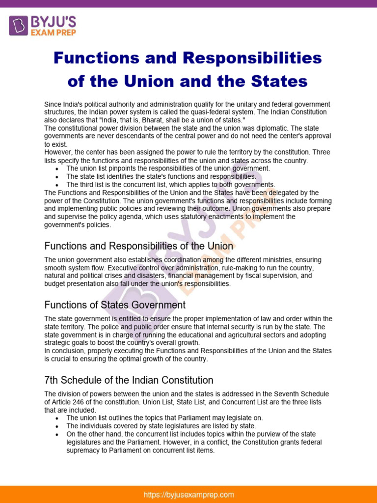 Functions of Union and State Governments | PDF | Constitution ...