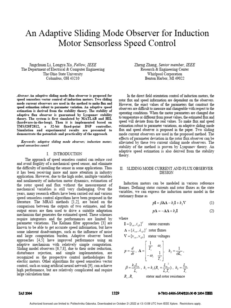 An Adaptive Sliding Mode Observer For Induction Motor Sensorless Speed ...