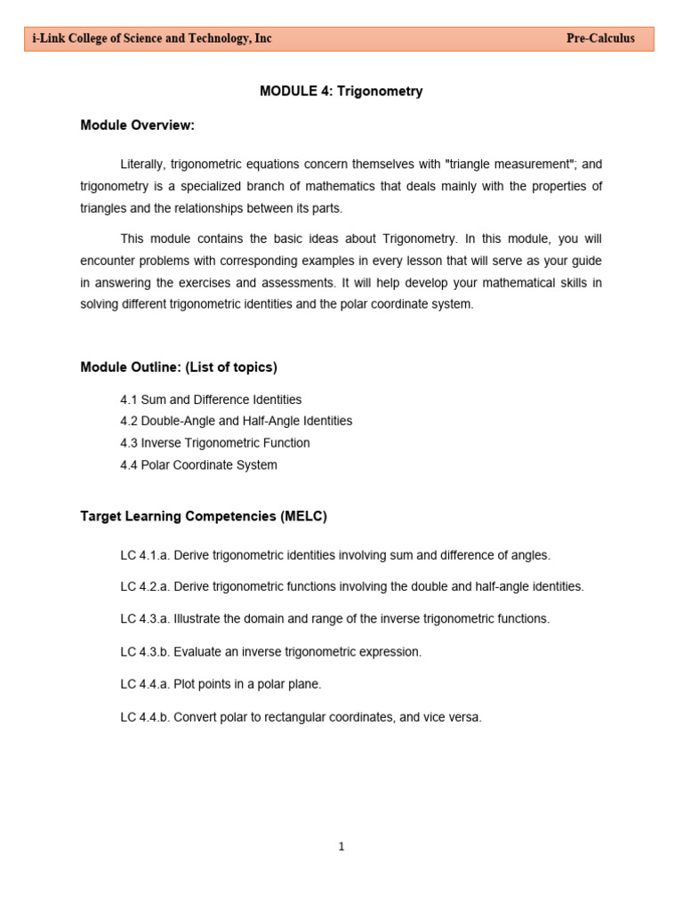 PreCalculus Module 4 | PDF | Trigonometry | Trigonometric Functions