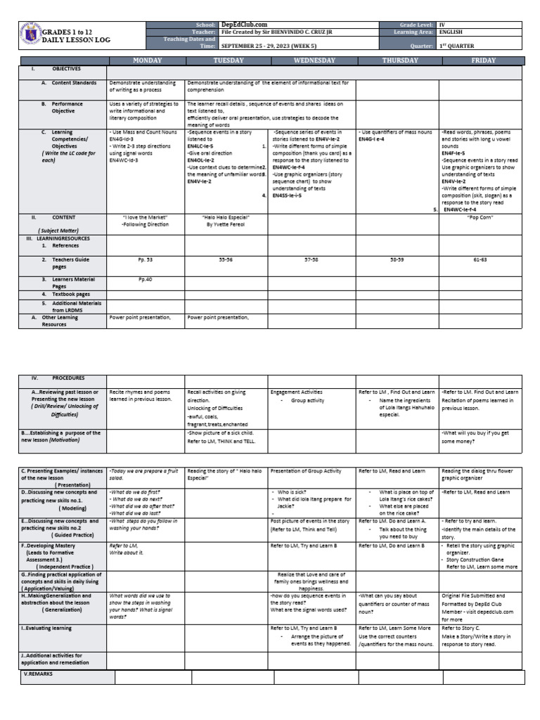 DLL - English 4 - Q1 - W5 | PDF | Reading Comprehension | Learning DLL - English 4 - Q1 - W5 | PDF | Reading Comprehension | Learning