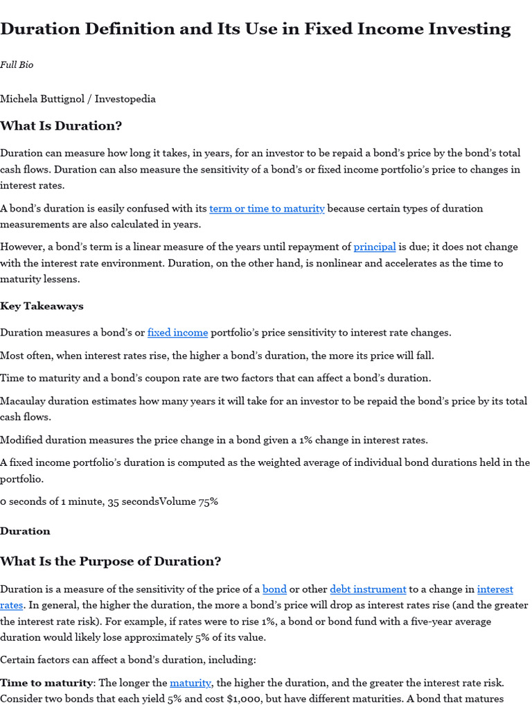Duration Definition and Its Use in Fixed Income Investing | PDF | Bond ...