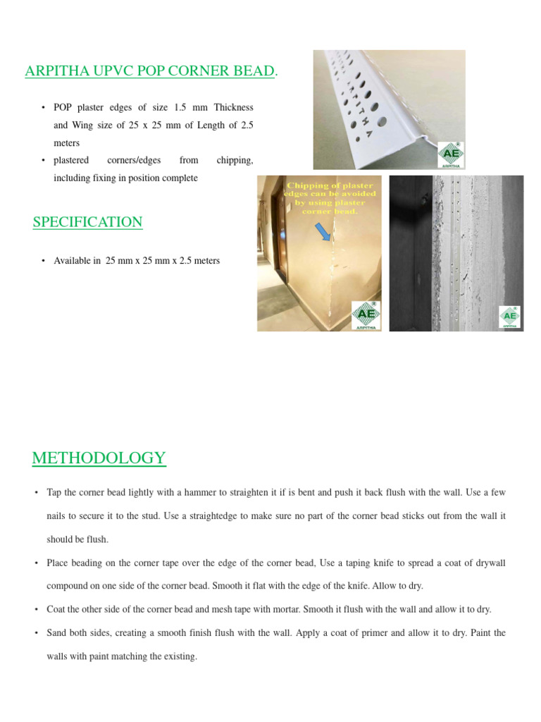 Arpitha PVC Angle Bead Corner Bead For Pop Plaster Edges | PDF