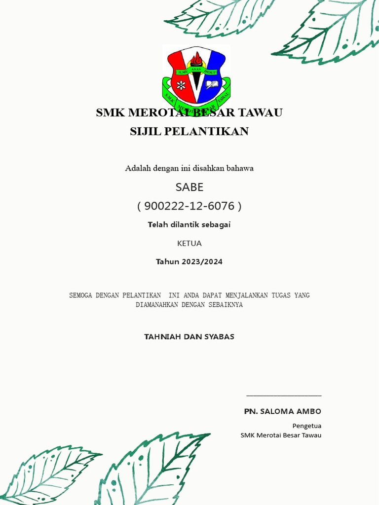 Template Sijil Pelantikan AJK | PDF