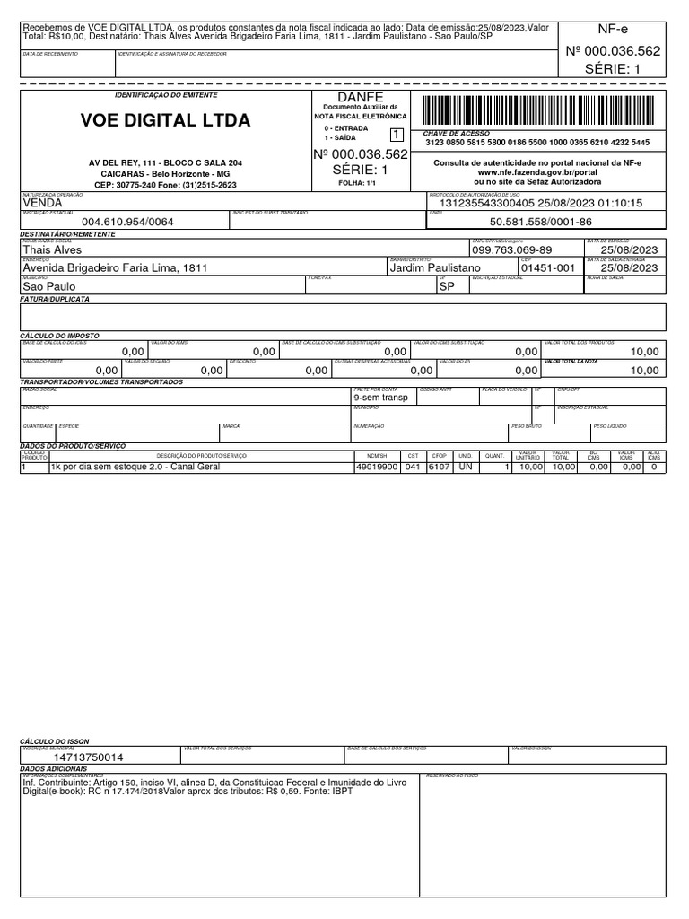 Voe Digital Ltda: NF-e #000.036.562 Série: 1 Danfe | PDF | Recibo | Mercado (economia)
