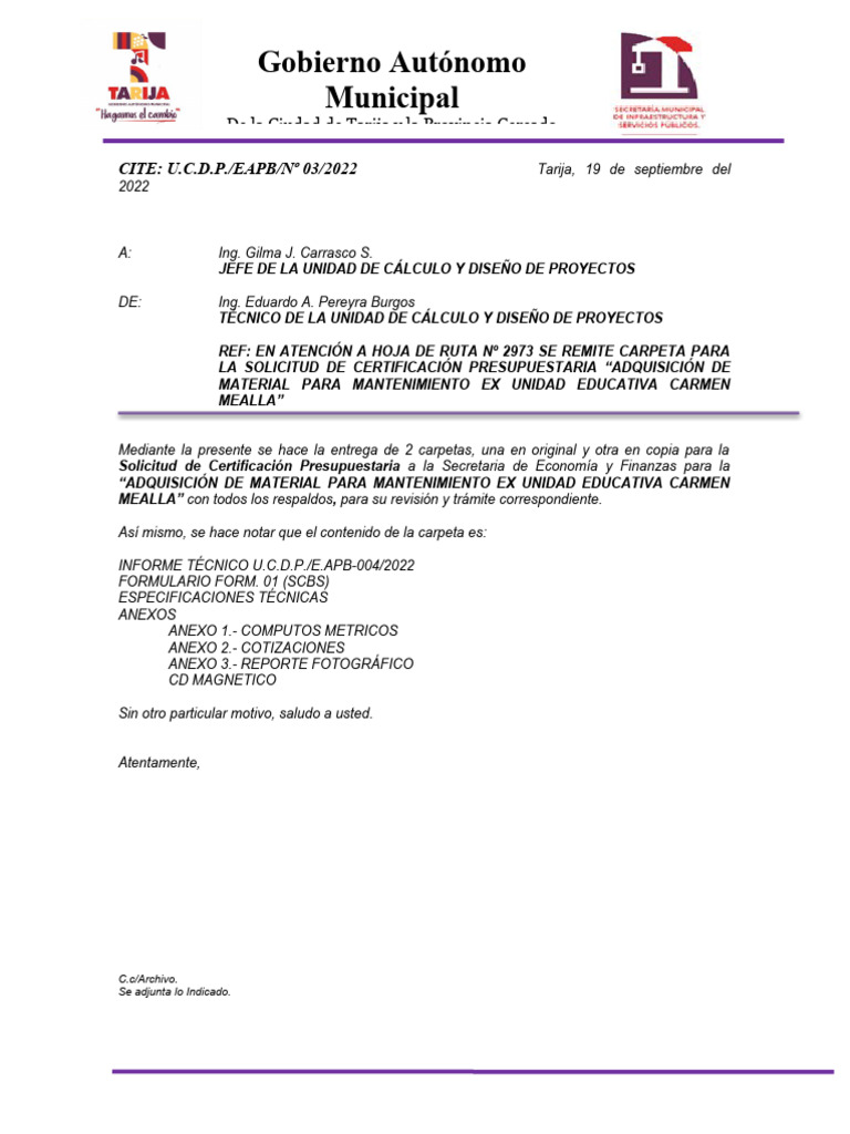 Nota 003 Entrega Carpeta Adquisición Mat. Mantenimiento Ex Unidad Educativa Carmen Mealla | PDF