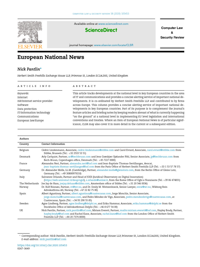 European National News - 2020 - Computer Law - Security Review | PDF | Http Cookie | Mobile App
