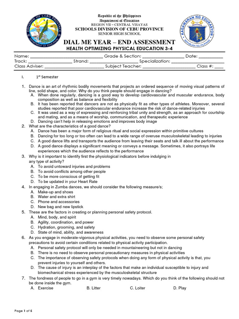 Pe and Health 12 SHS Dial Me Year End Assessment | PDF | Physical ...