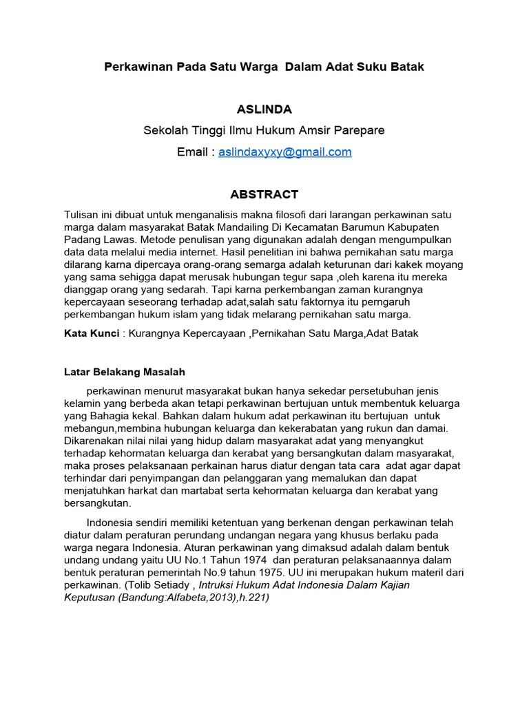 ASLINDA Perkawinan Pada Satu Warga Dalam Adat Suku Batak | PDF
