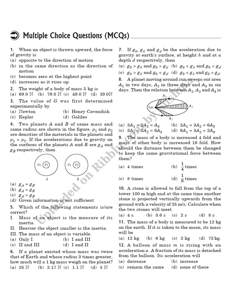 MCQ Questions With Answers Class 9 Chapter 10 Gravitation | PDF | Mass | Weight