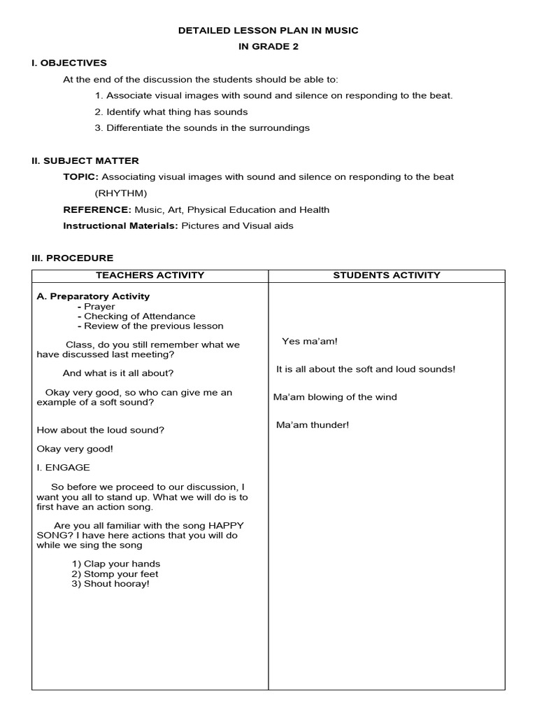 Grade 2 Music Lesson Plan: Sound & Rhythm | PDF | Art | Self-Improvement
