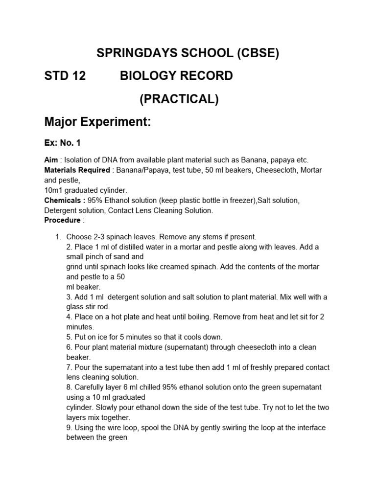 STD 12 Biology - Practical Record Work | PDF