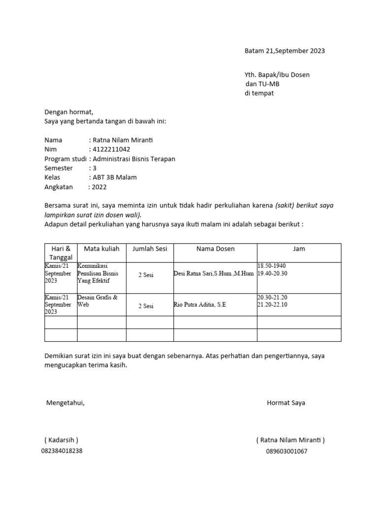 Format Surat Izin Kelas Karyawan Jur-MB | PDF