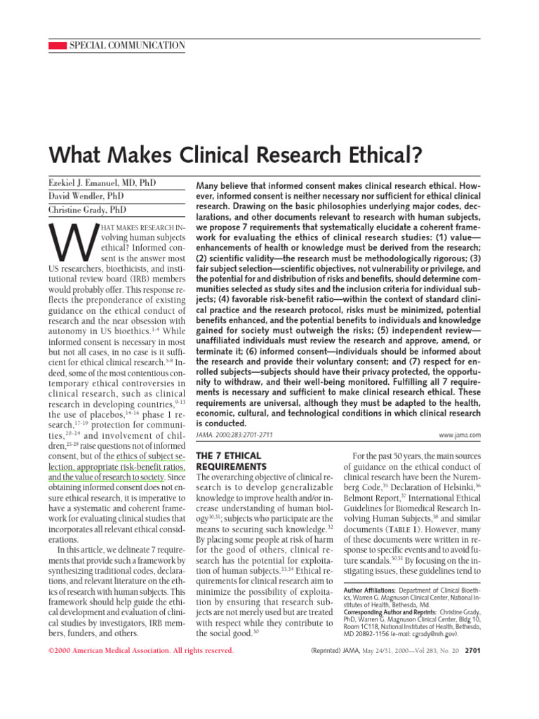 Sesion 1 5 Emanuel Et Al. What Makes Clinical Research Ethical | PDF ...