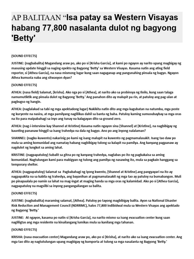 Balita Script (Bagyong Betty) | PDF