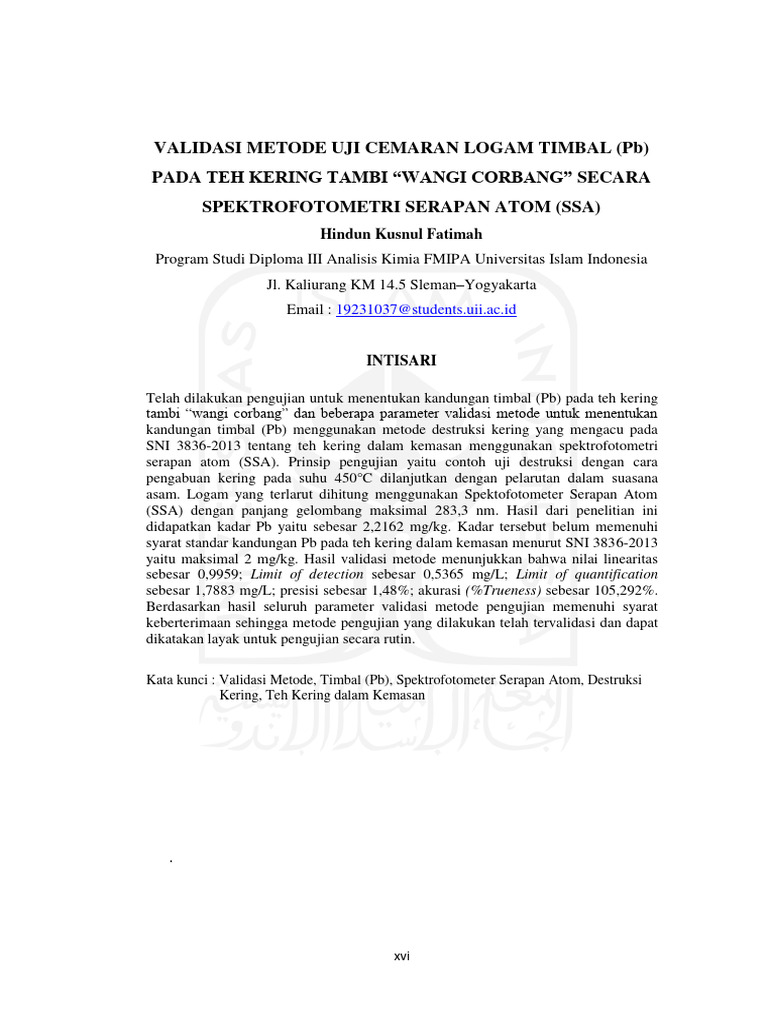 Validasi Metode Uji Cemaran Logam Timbal (PB) Pada Teh Kering Tambi ...