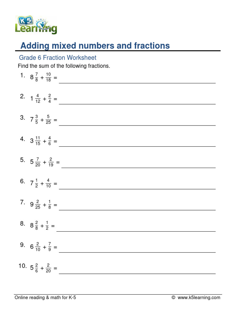 Grade 6 Adding Fractions and Mixed Numbers e | PDF