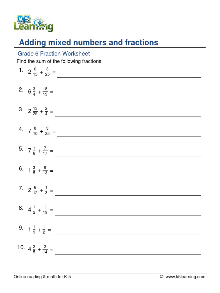 Grade 6 Adding Fractions and Mixed Numbers 2 | PDF
