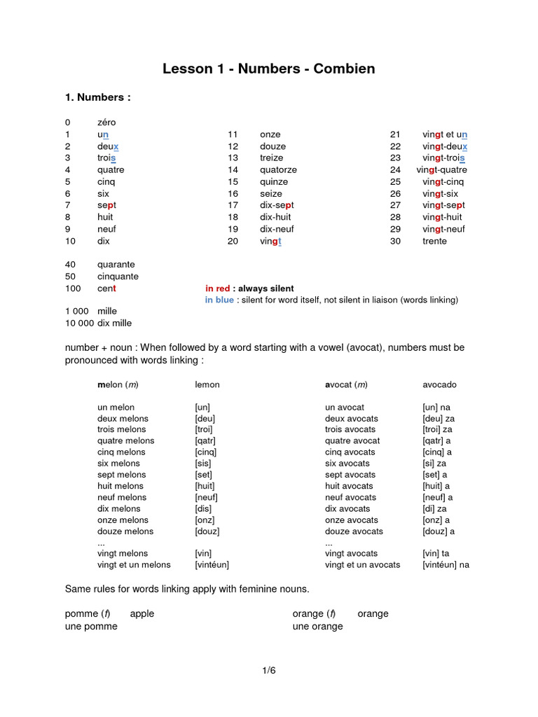 Lesson 1 - Numbers and Combien | PDF