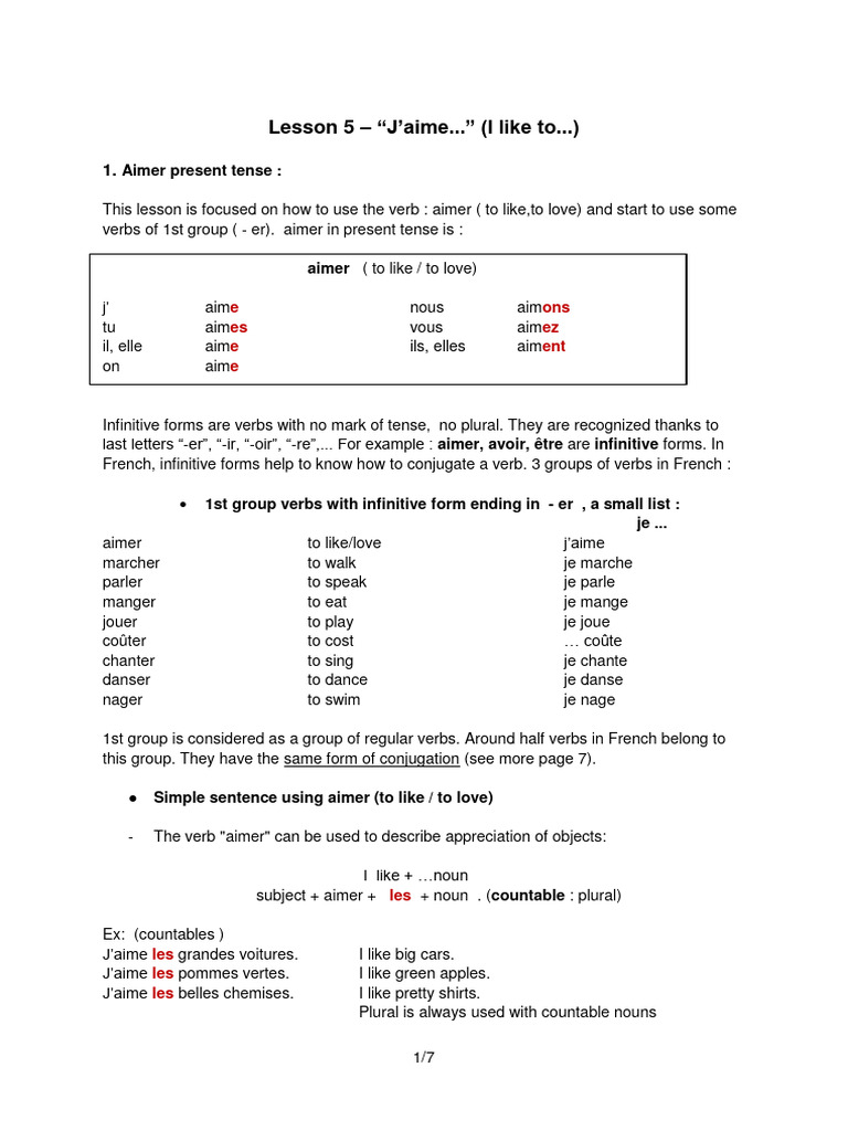 Aimer Conjugation in Present Tense | PDF | Grammatical Conjugation ...