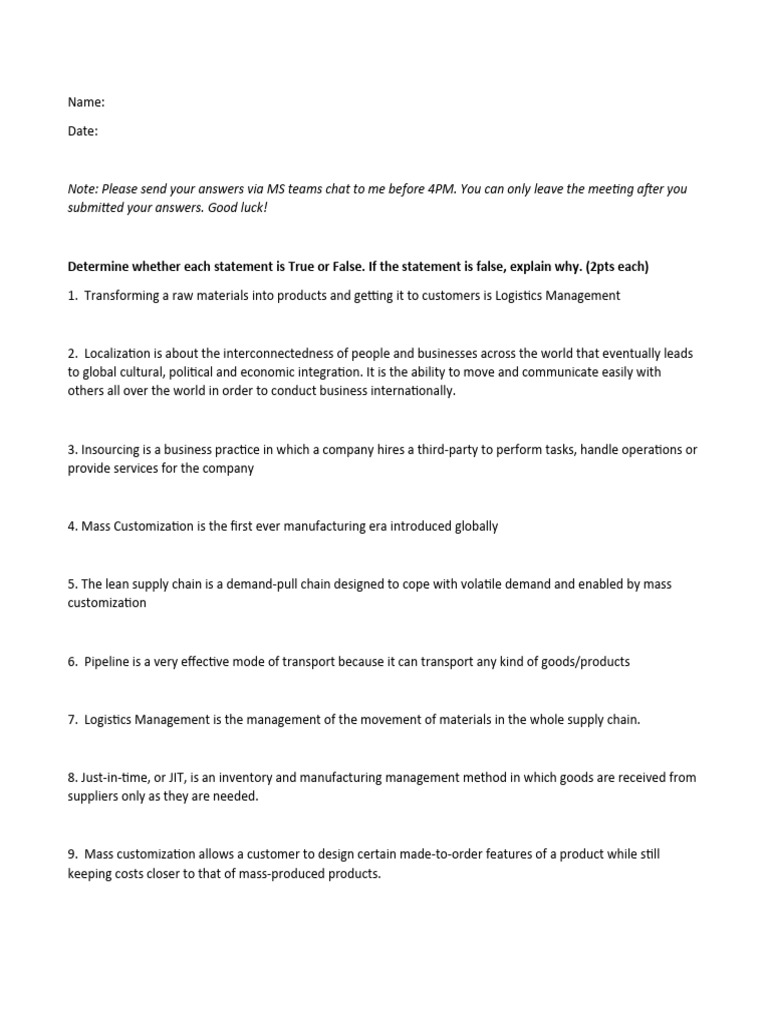 Logistics Management 1st Long Quiz | PDF | Lean Manufacturing | Logistics