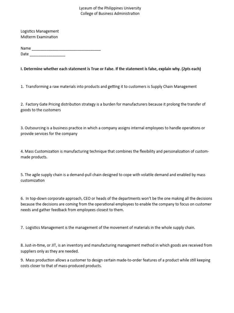Midterm Examination Logistics | PDF | Supply Chain | Logistics