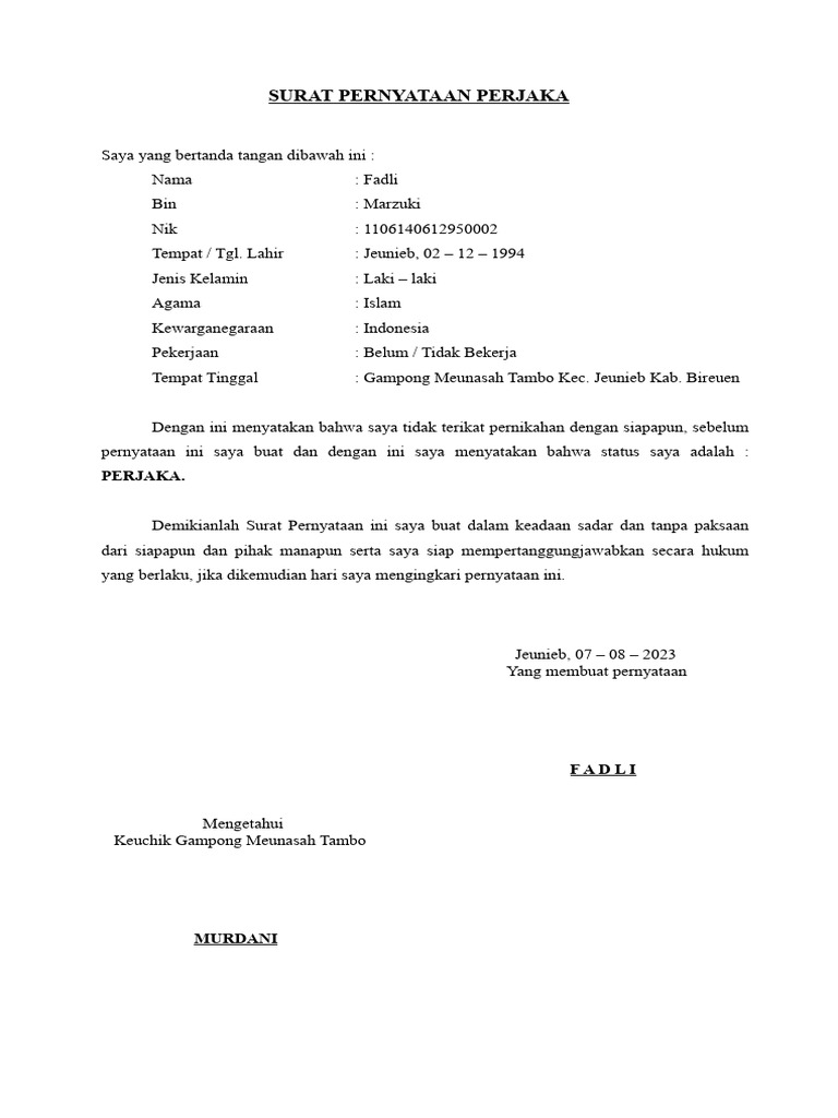 Surat Pernyataan Perjaka | PDF
