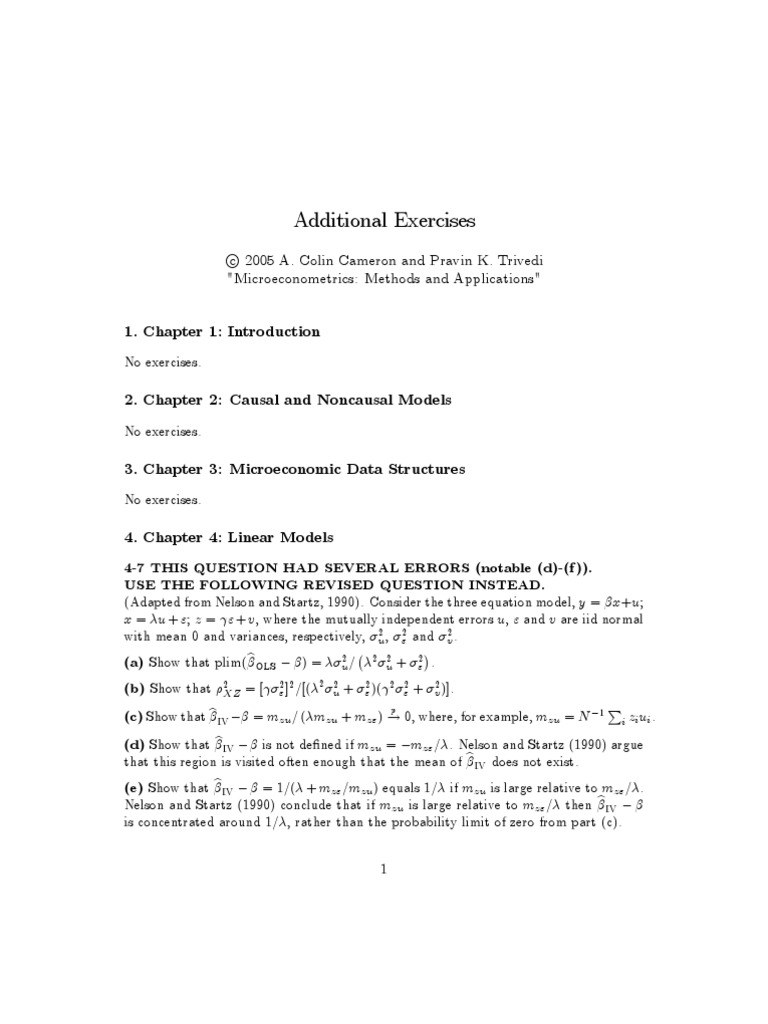 Additional Exercises C 2005 A Colin Cameron And Pravin K Trivedi Microeconometrics Methods