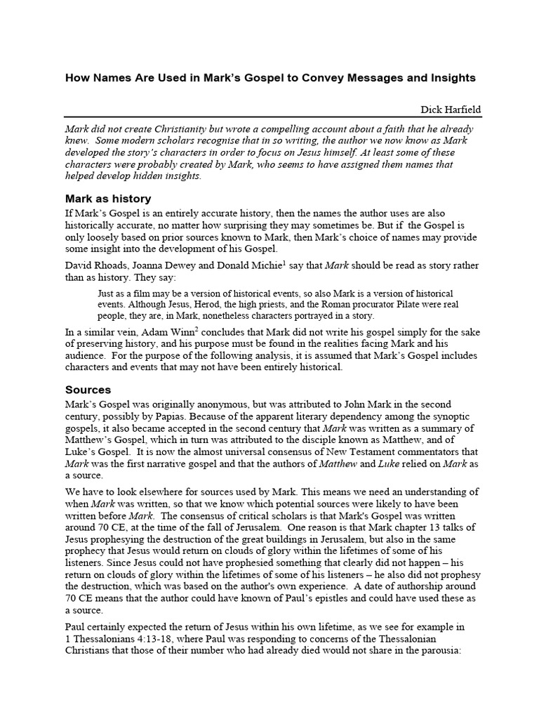 Names in Mark's Gospel: Insights Revealed | PDF | Jesus | Gospel Of Mark