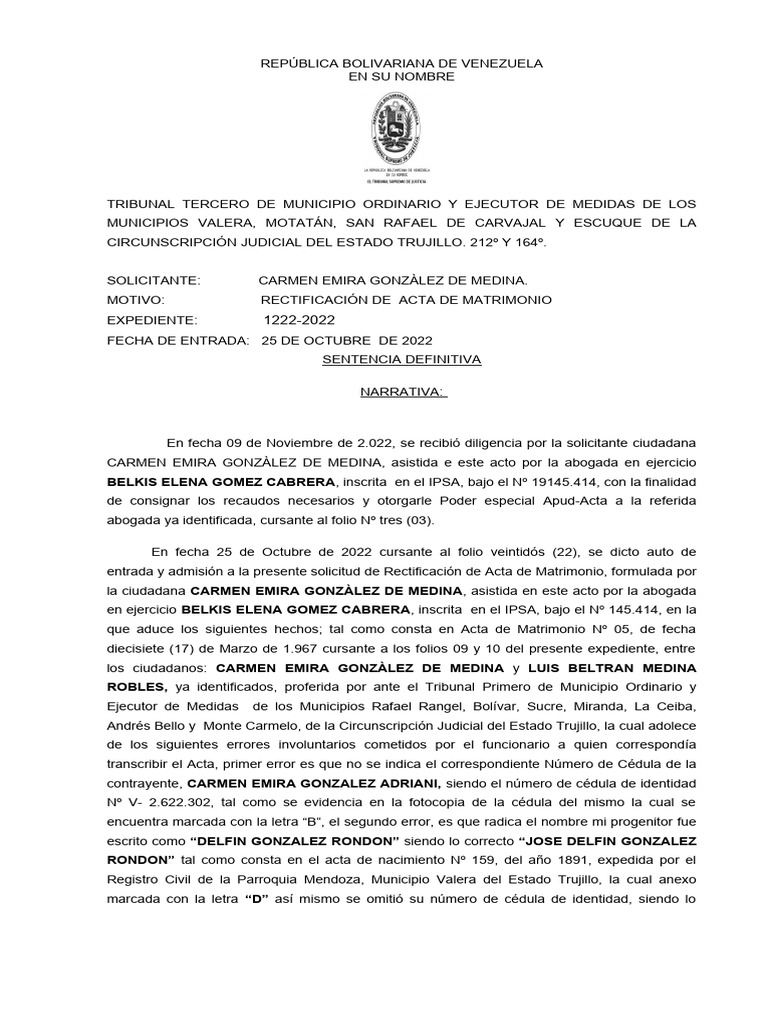 Exp. 1222-2022 Sentencia Rect Acta de Matrimonio | PDF | Gobierno | Ley ...