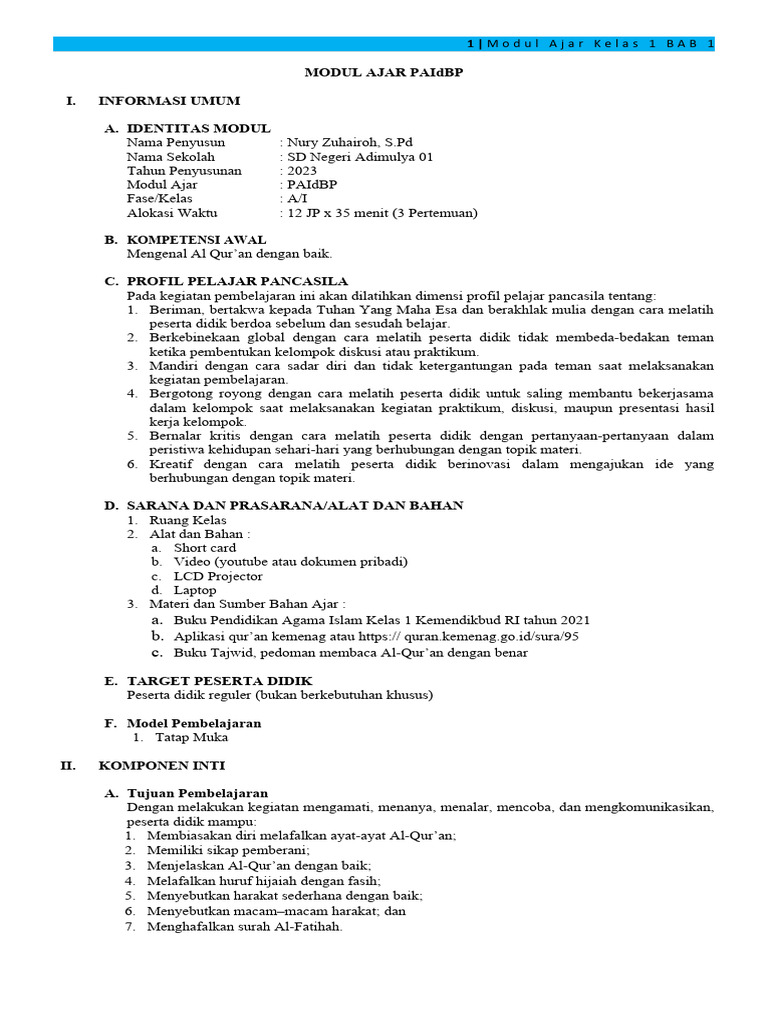 Modul Ajar Kelas 1 Bab 1 | PDF | Karier & Perkembangan