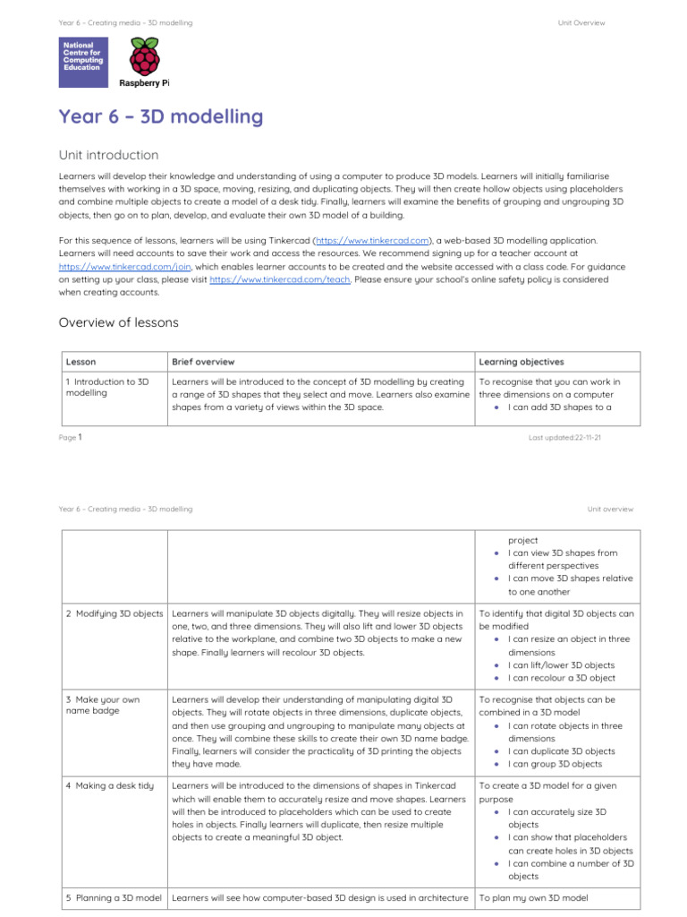 Unit Overview - 3D Modelling - Y6 | PDF | 3 D Computer Graphics | 3 D Modeling