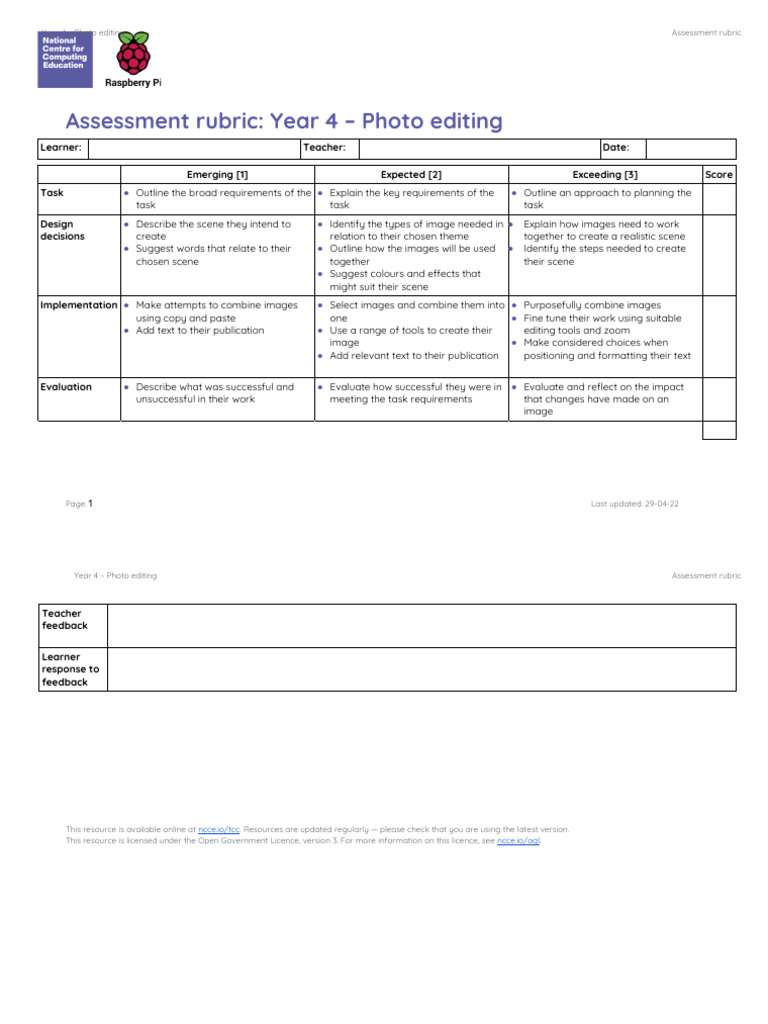 Year 4 Photo Editing Assessment Rubric | PDF | Rubric (Academic ...