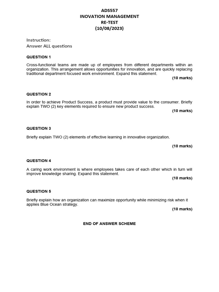 ADS557 Innovation Management Re-Test | PDF | Career & Growth
