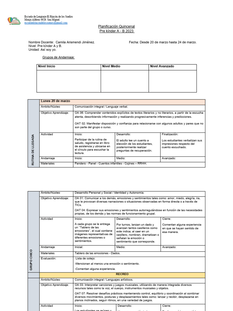 20 de Marzo Planificación Pre Kinder A-B | PDF | Las emociones ...
