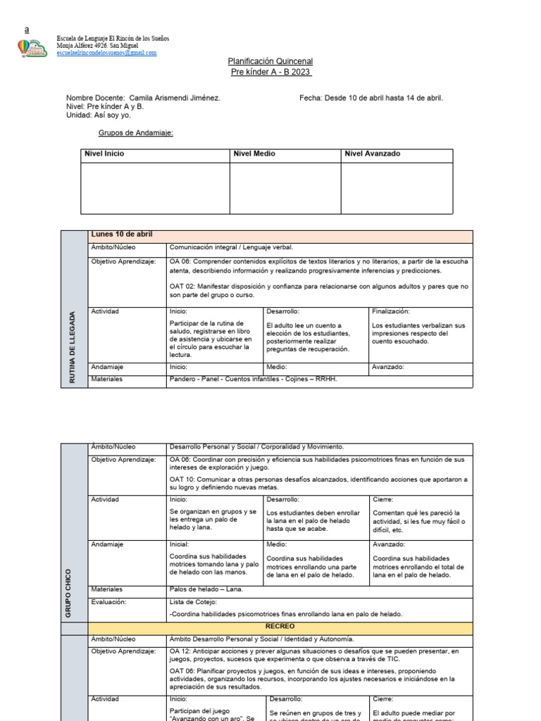 10 de Abril Planificación Pre Kinder A-B | PDF | Comunicación | Aprendizaje