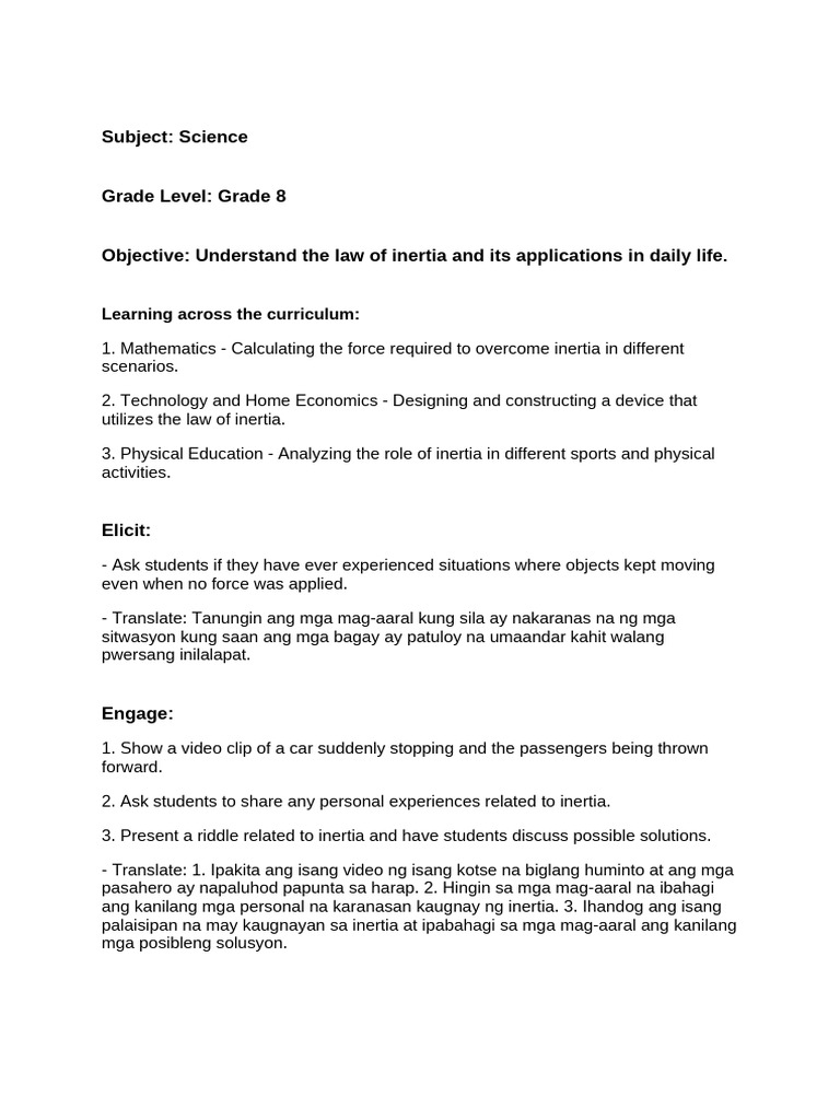 Subject: Science Grade Level: Grade 8 Objective: Understand The Law of ...