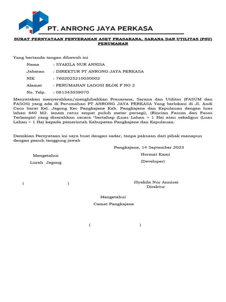 Surat Pernyataan Penyerahan Aset PSU PT ANRONG JAYA PERKASA Kirim | PDF