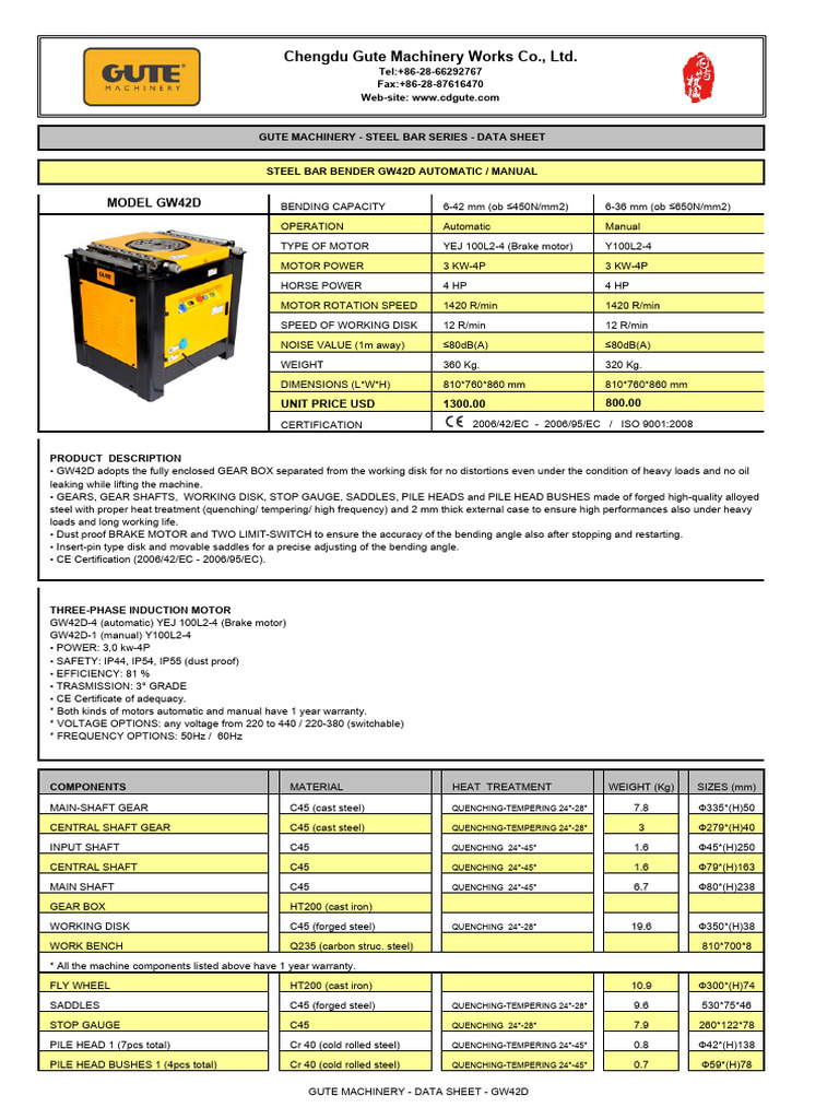 GW42D Bar Bending Machine Specs | PDF | Manual Transmission | Electric ...
