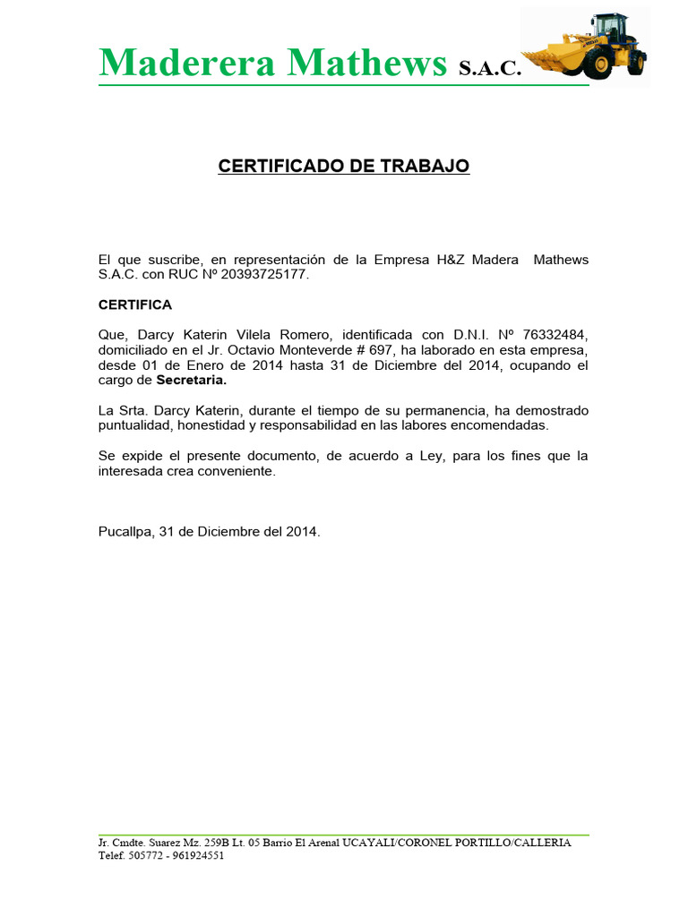 CERTIFICADO DE TRABAJO Maderas Mathews | PDF