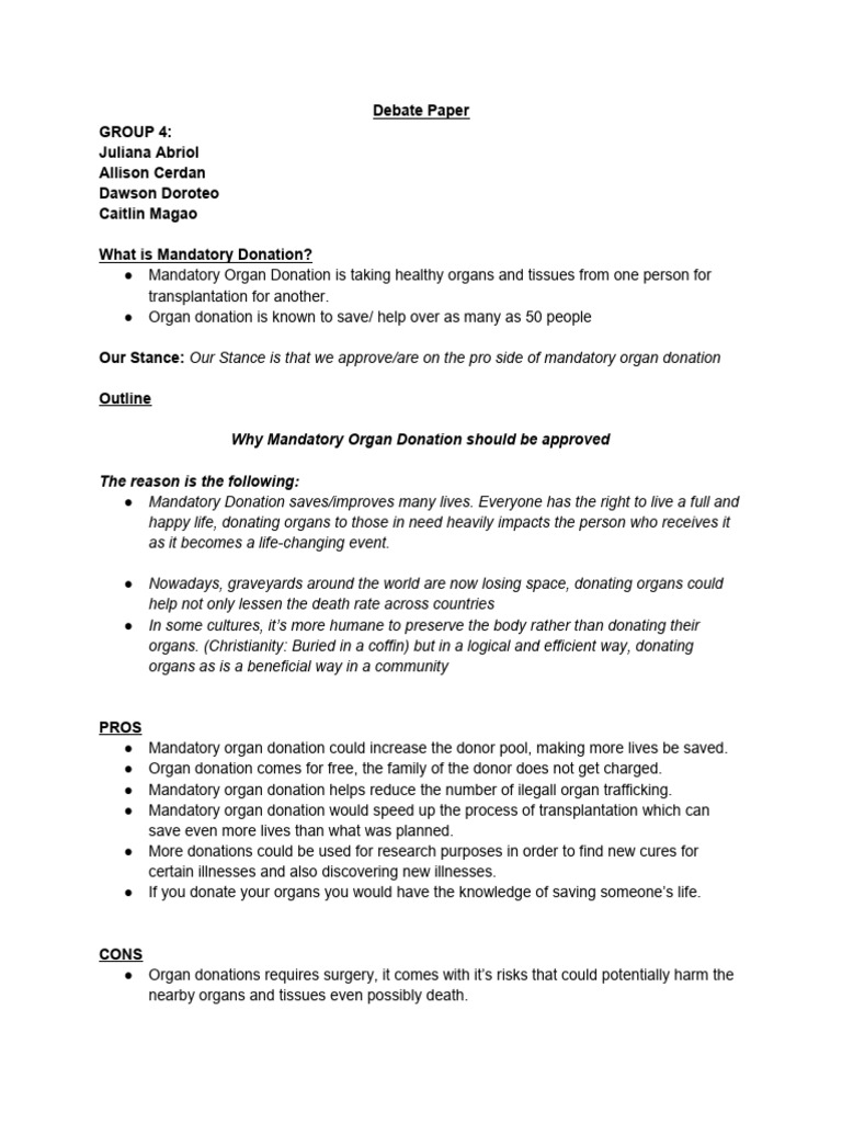 Maya - Group #4 - Debate Paper Philo EAPP - Mandatory Organ Donation ...