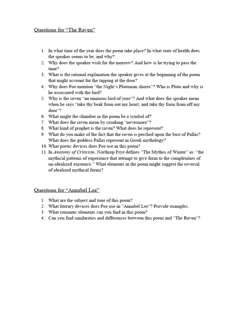 Questions For The Raven and Annabel Lee | PDF