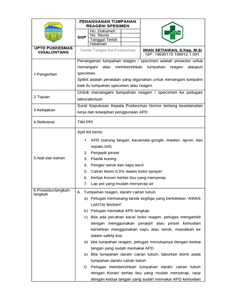 Prosedur Penanganan Tumpahan Reagen | PDF