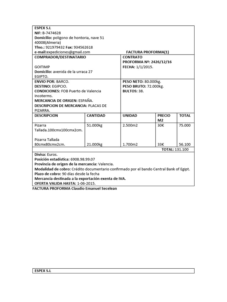 Factura Proforma de Exportación | PDF | Derecho privado | Transporte de ...