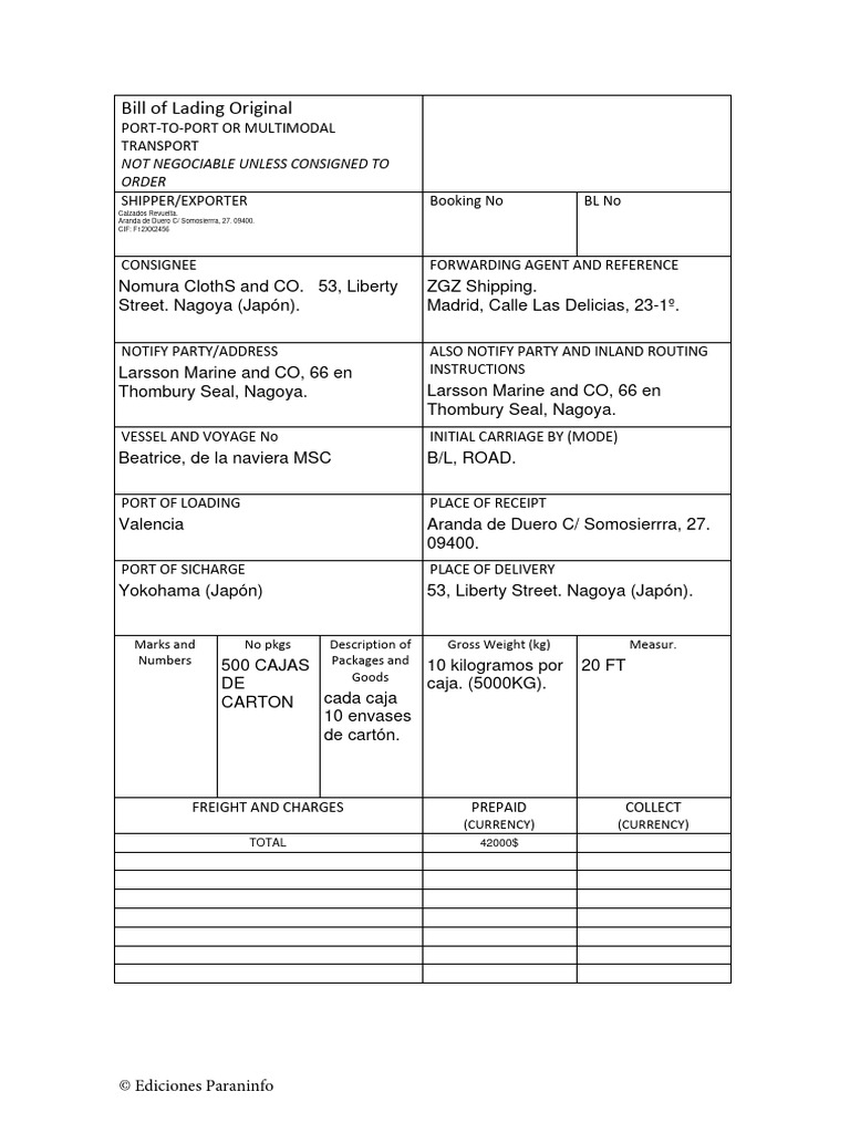 Modelo Editable de Conocimiento de Embarque Marítimo BL - Form | PDF | Bill Of Lading | Cargo