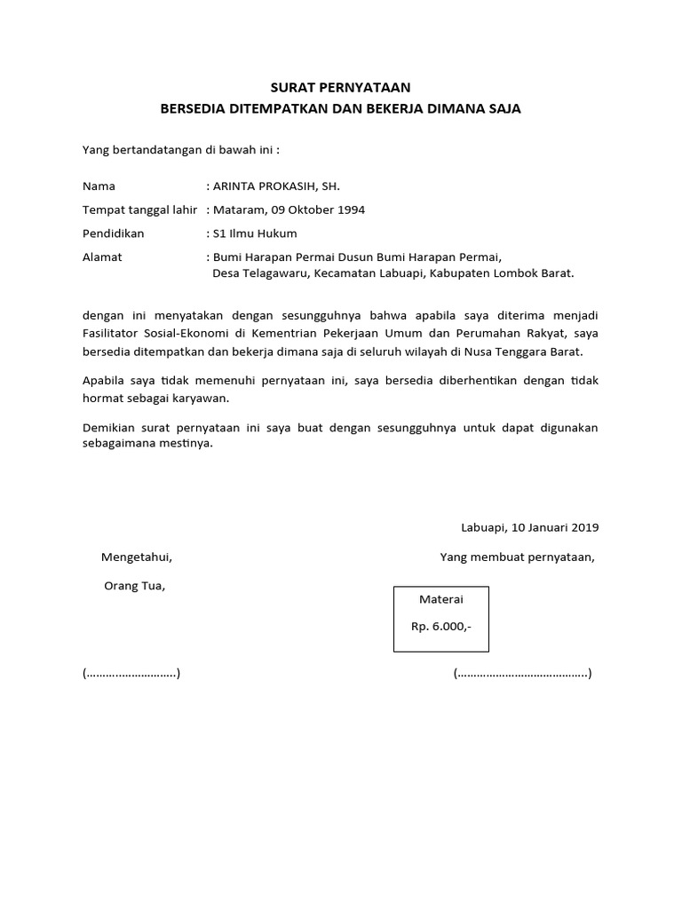 Surat Pernyataan Bersedia Ditempatkan Dimana Saja | PDF