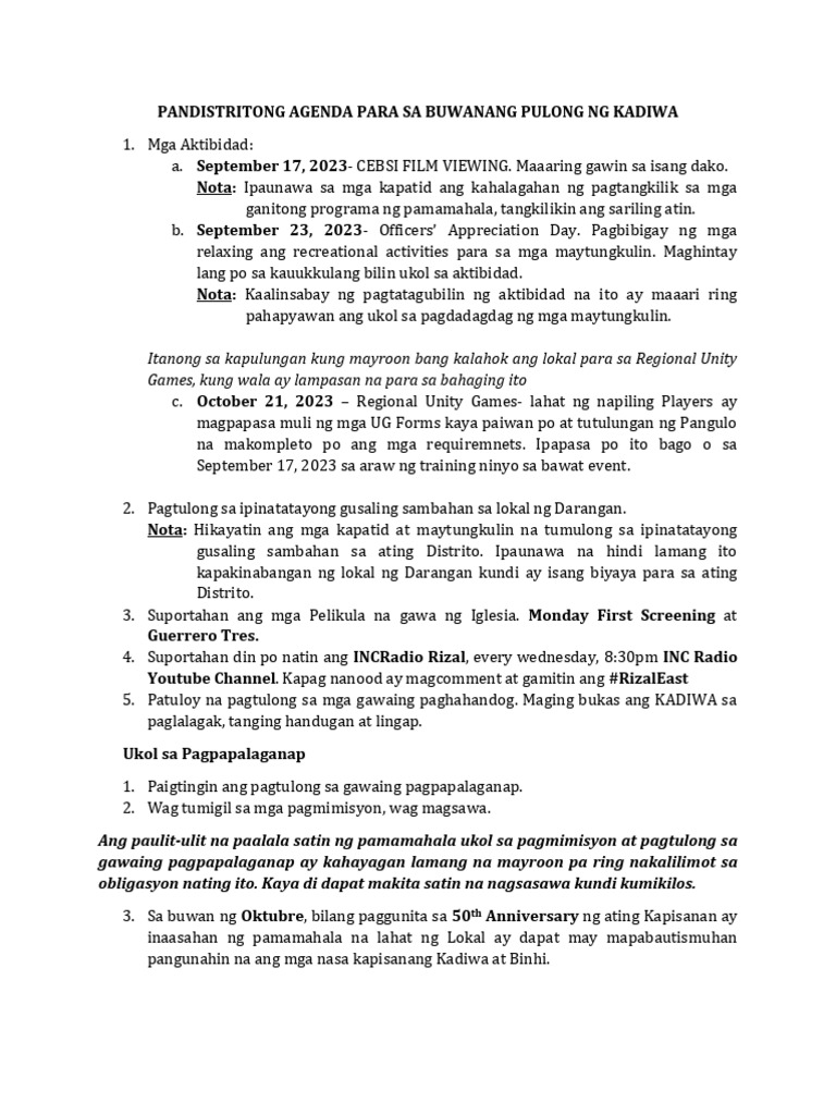 Pandistritong Agenda para Sa Buwanang Pulong NG Kadiwa | PDF Pandistritong Agenda para Sa Buwanang Pulong NG Kadiwa | PDF