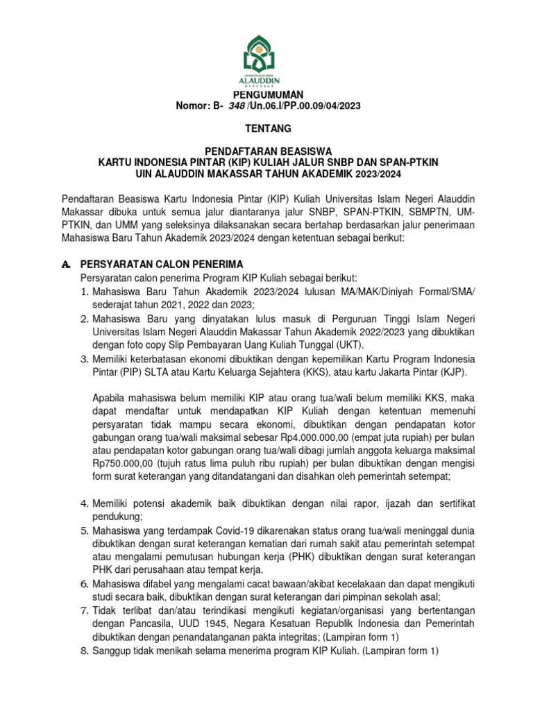 Pengumuman Pendaftaran Beasiswa Kartu Indonesia Pintar Kip Kuliah Jalur SNBP Dan Span Ptkin Uin ...