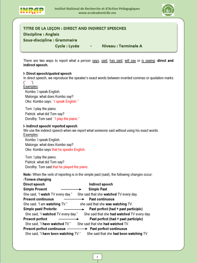 Angl - Ta - Direct and Indirect Speeches | PDF | Semantic Units | Languages