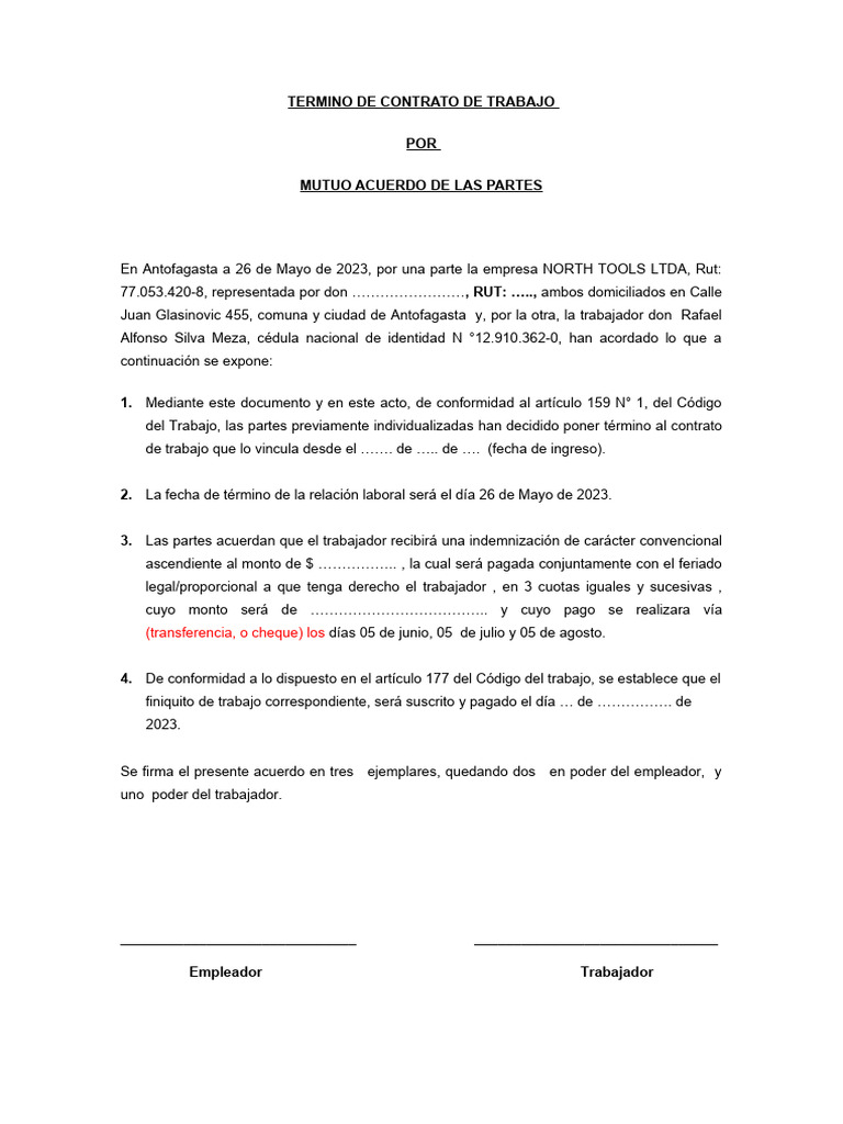 Termino de Contrato de Trabajo Mutuo Acuerdo | PDF